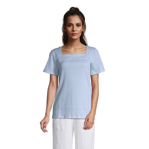 Women's Crinkle Knit Cotton Short Sleeve Square Neck Tunic | Lands' End