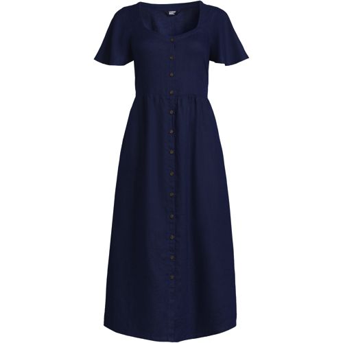 Women's Petite Button-front Linen Midi Dress | Lands' End