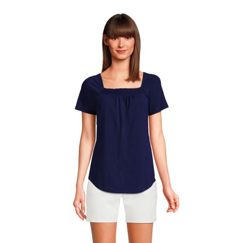 Baumwoll/Modal-Shirt mit gesmoktem Ausschnitt für Damen | Lands' End