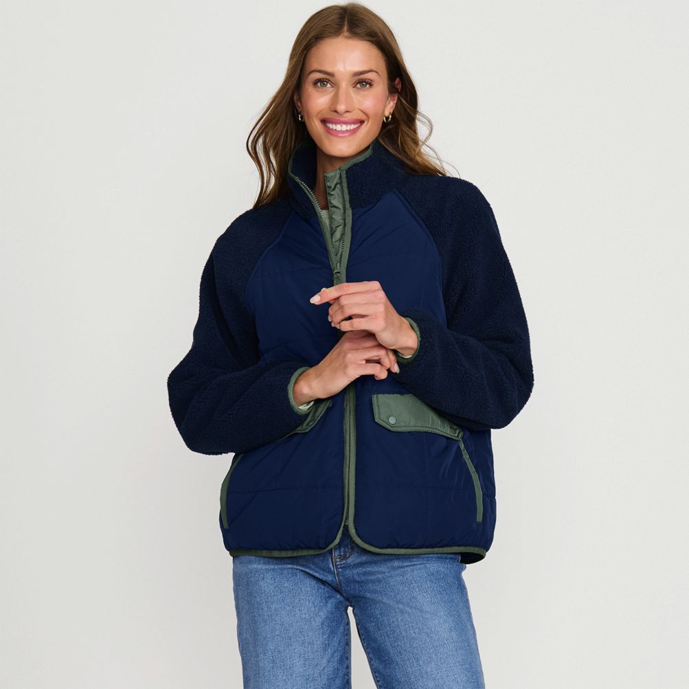 (取寄) ランズエンド ライトウェイト パウダー フリース ジャケット - スナップ フロント Lands' End Lightweight Powder Fleece Jacket - Snap Front Sage Women's Mixed Media Sherpa Fleece Jacket | Lands' End
